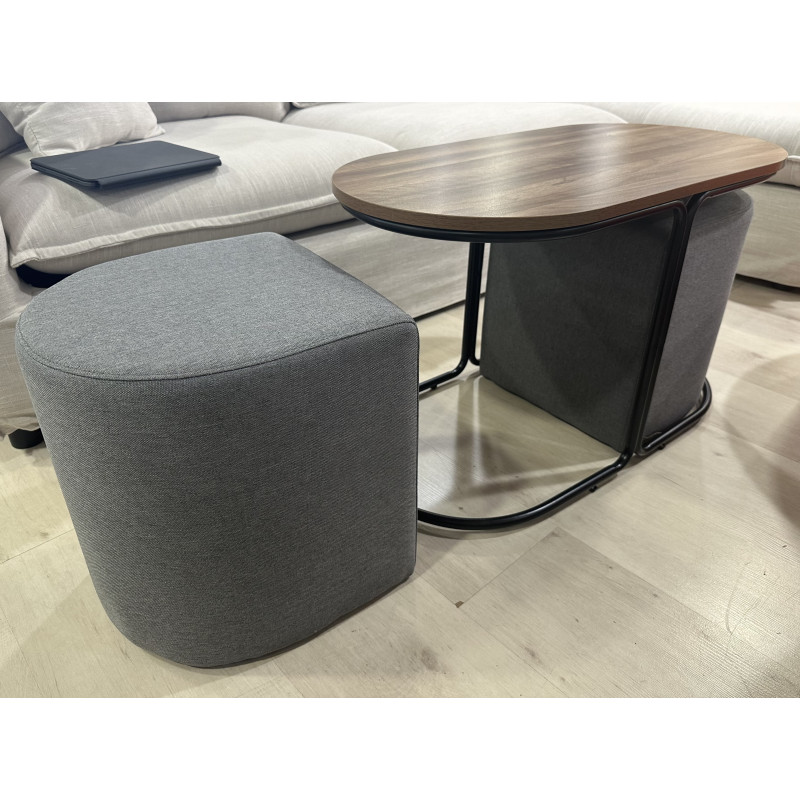 Table basse + 2 poufs tissu naturel / noir.