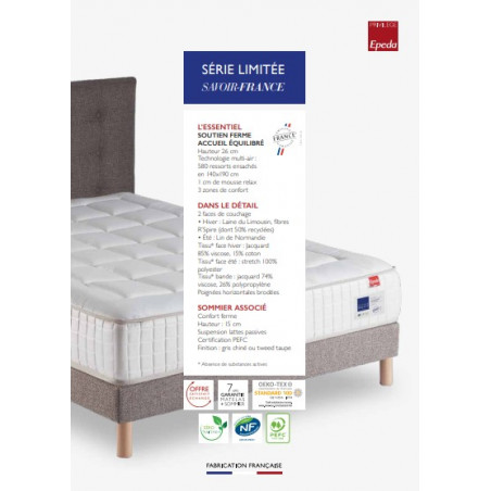 Le matelas EPEDA 160 x 200 cm 26 cm épaisseur + sommier EPEDA 15 cm + pieds